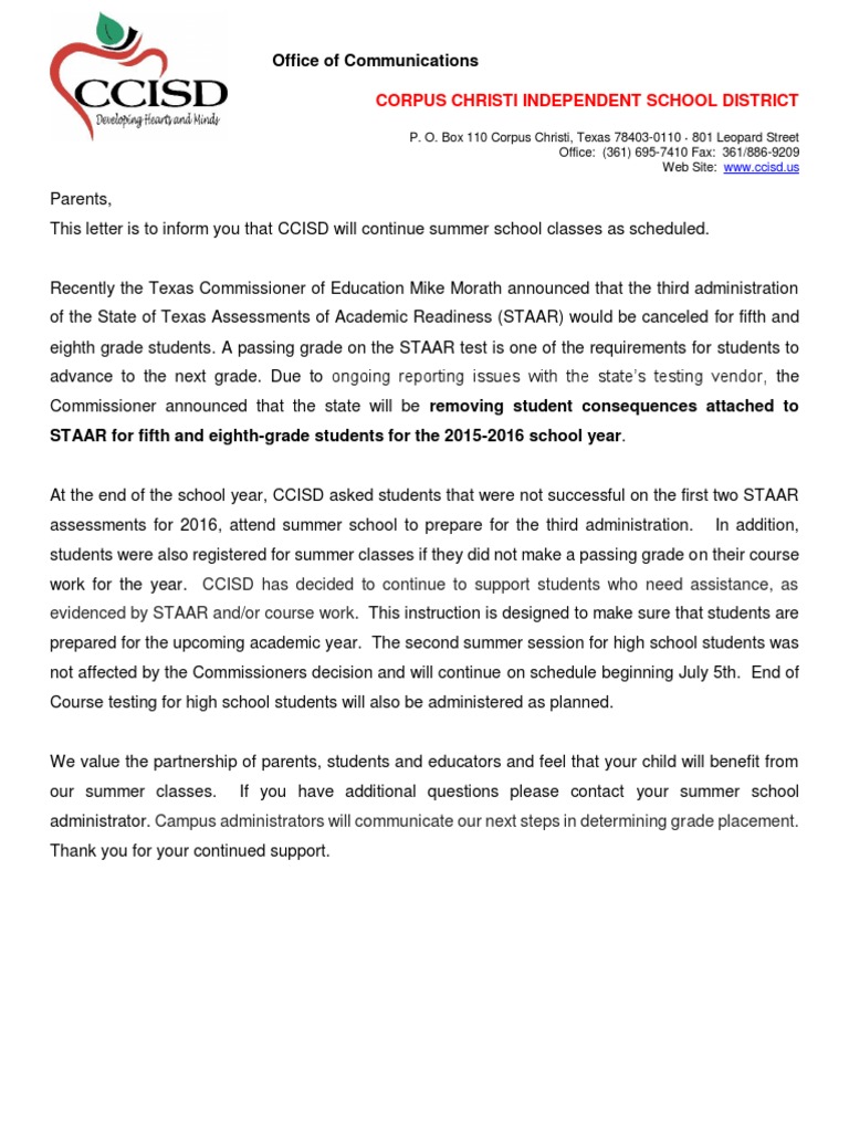 Parent Summer School Letter - English | PDF