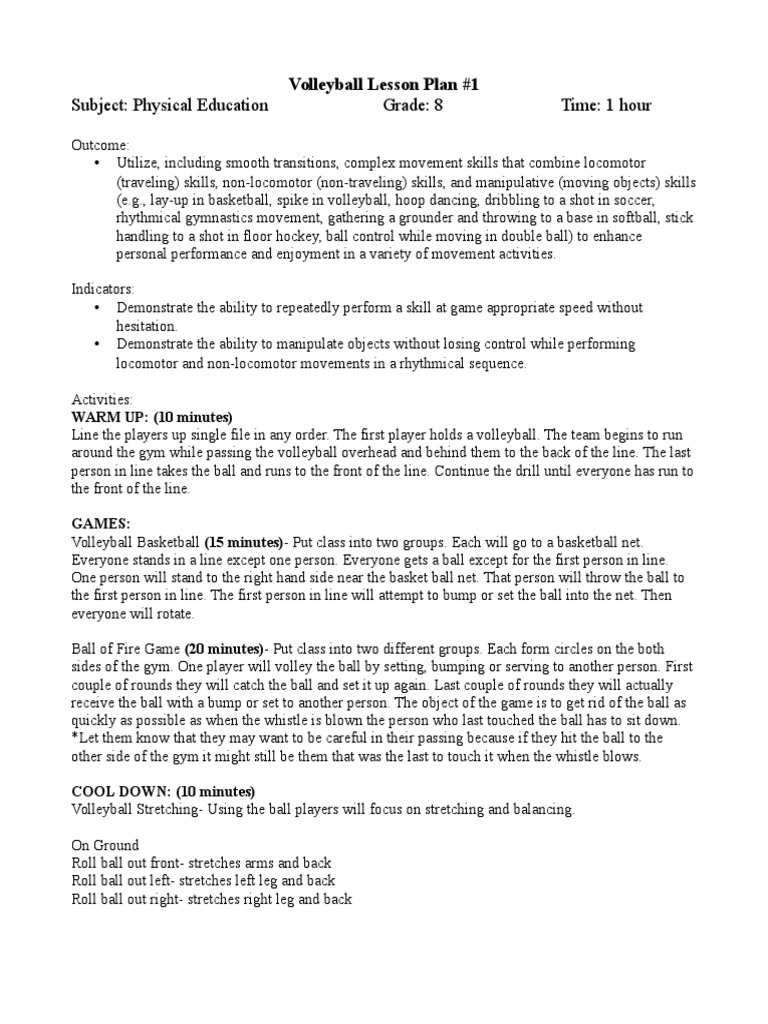Grade 8 Phys Ed - Volleyball Lesson Plan | PDF | Volleyball | Physical ...