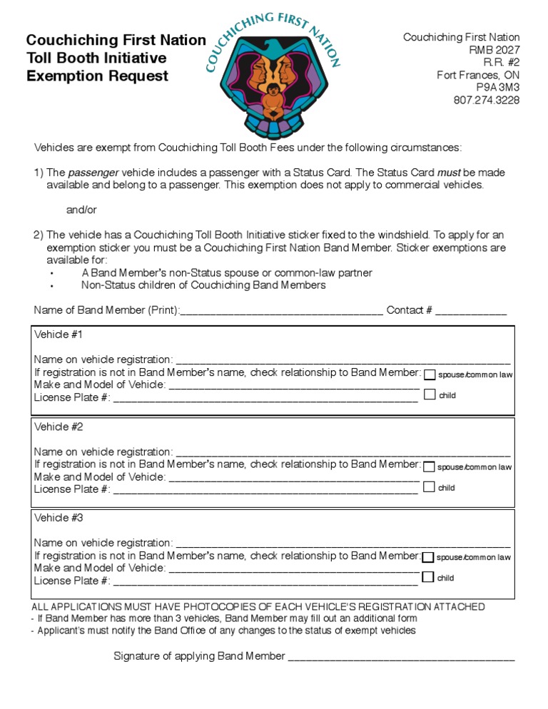 Couchiching Vehicle Exemption Process | PDF | Vehicle Registration ...