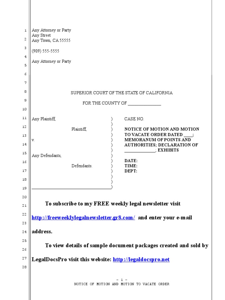 Sample Motion To Vacate Void Order in California | PDF | Lawsuit ...