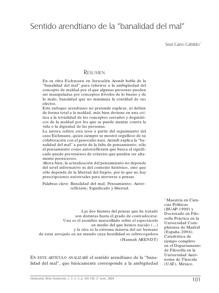 Banalidad del mal Arendt | PDF | Hannah Arendt | Filosofía