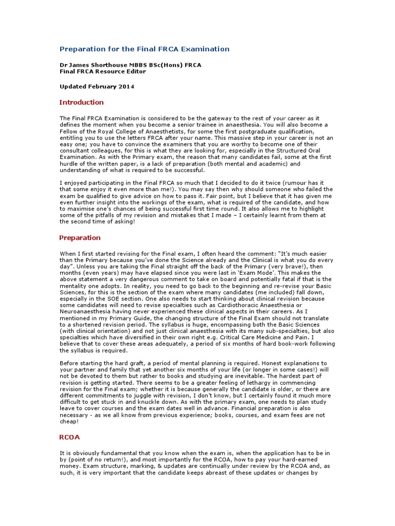 Preparation For The Final FRCA 2014 Update1 PDF | PDF | Anesthesia ...