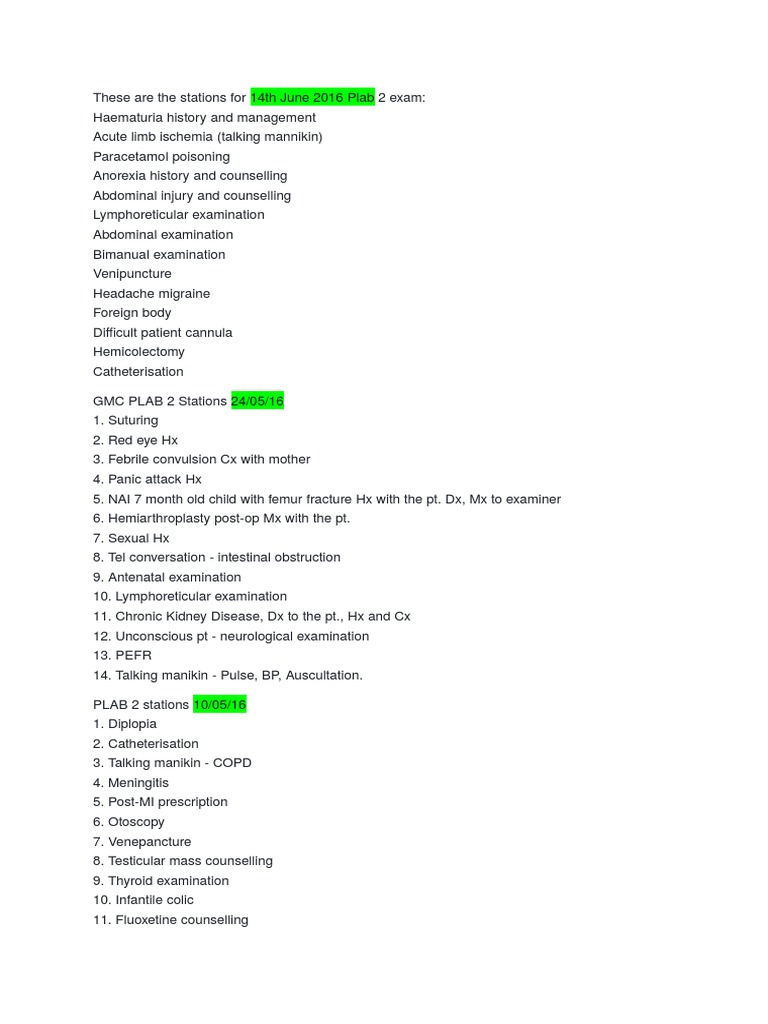 PLAB 2 Exam Stations Overview | PDF | Pain | Rtt