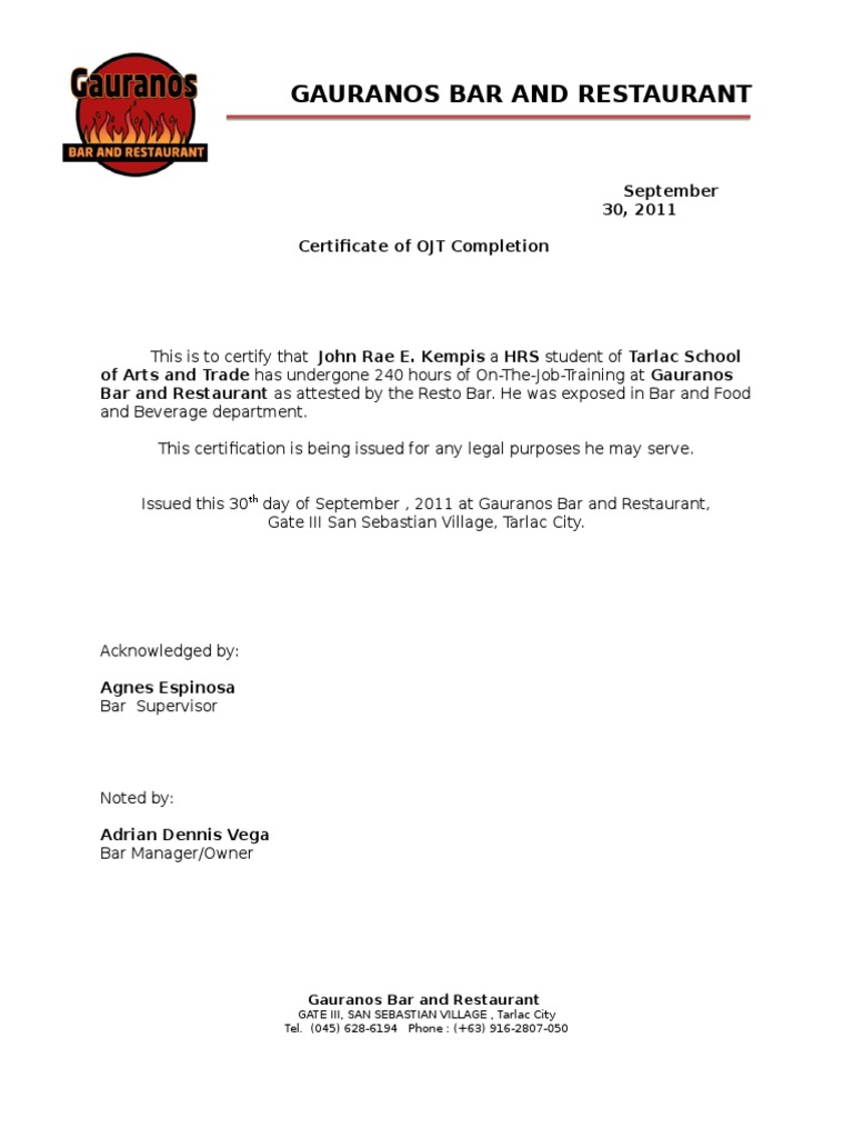 OJT Certificate | PDF | Food Retailers | Food Retailing