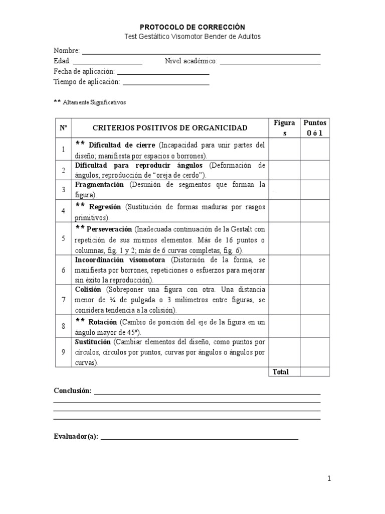 Protocolo BENDER Adultos | Bienestar | Sicología y ciencia cognitiva