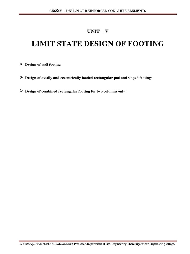 Unit V - Limit State Design of Footing | PDF | Column | Structural ...