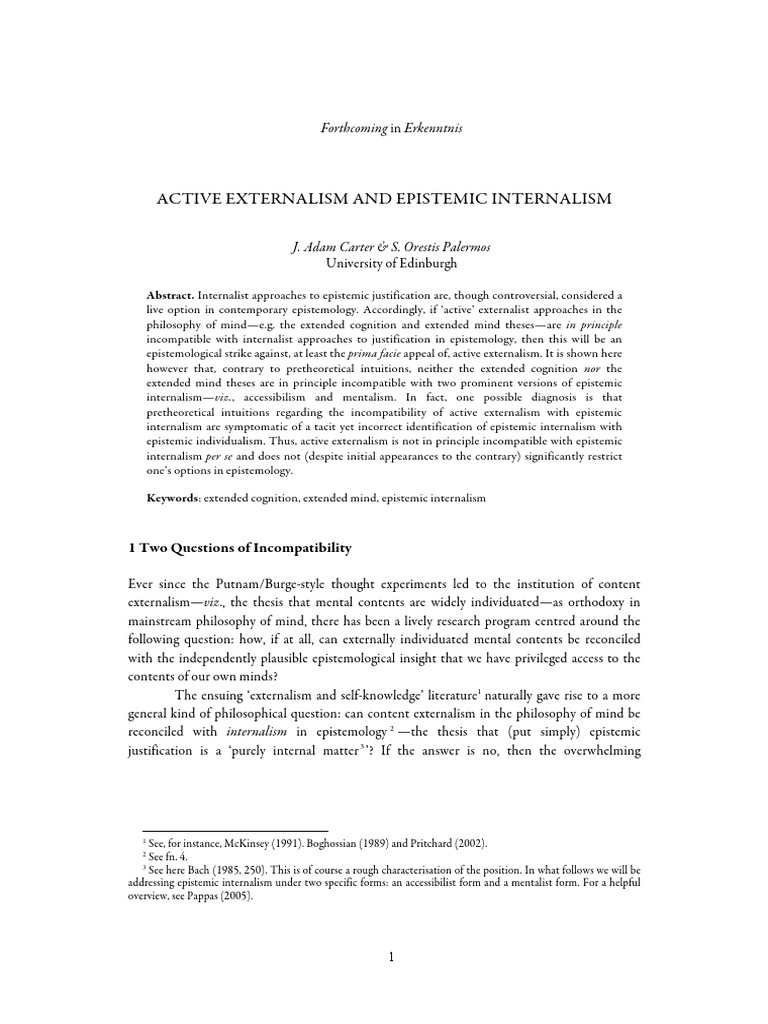 Carter Palermos Active Externalism Epistemic Internalism | PDF ...