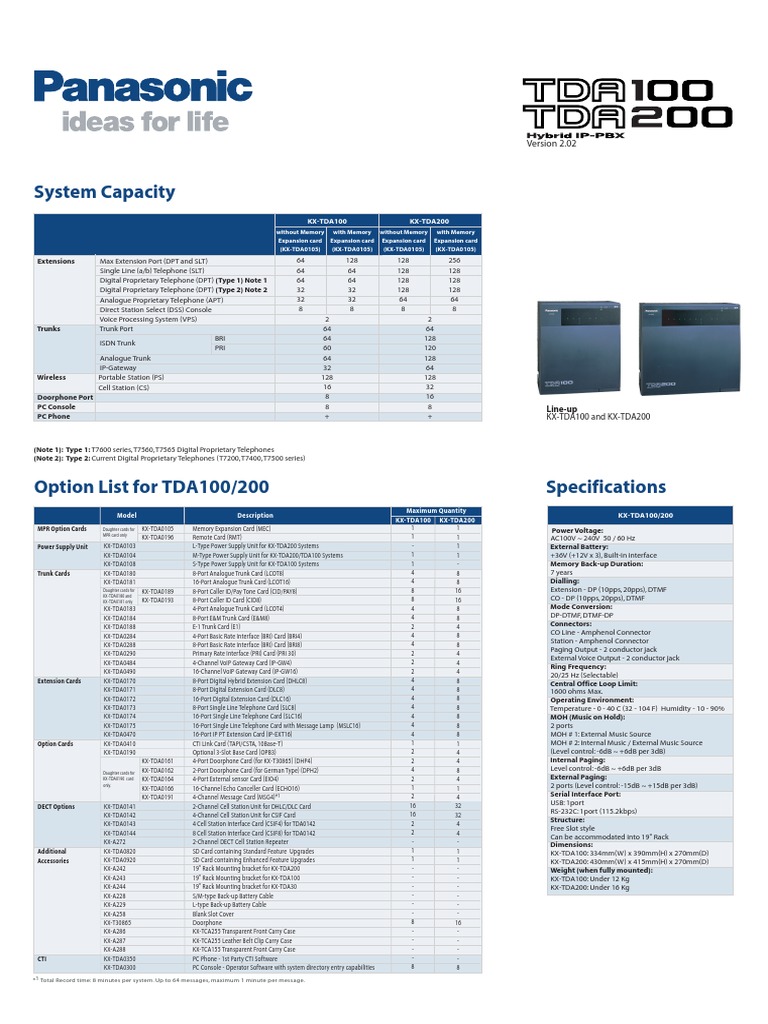 Panasonic KX-TDA100/200 Specifications | PDF | Voicemail | Telephone