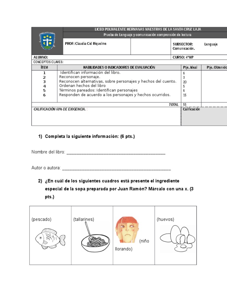 Prueba de Comprensión: La Receta Perfecta | PDF | Cocina | Alimentos