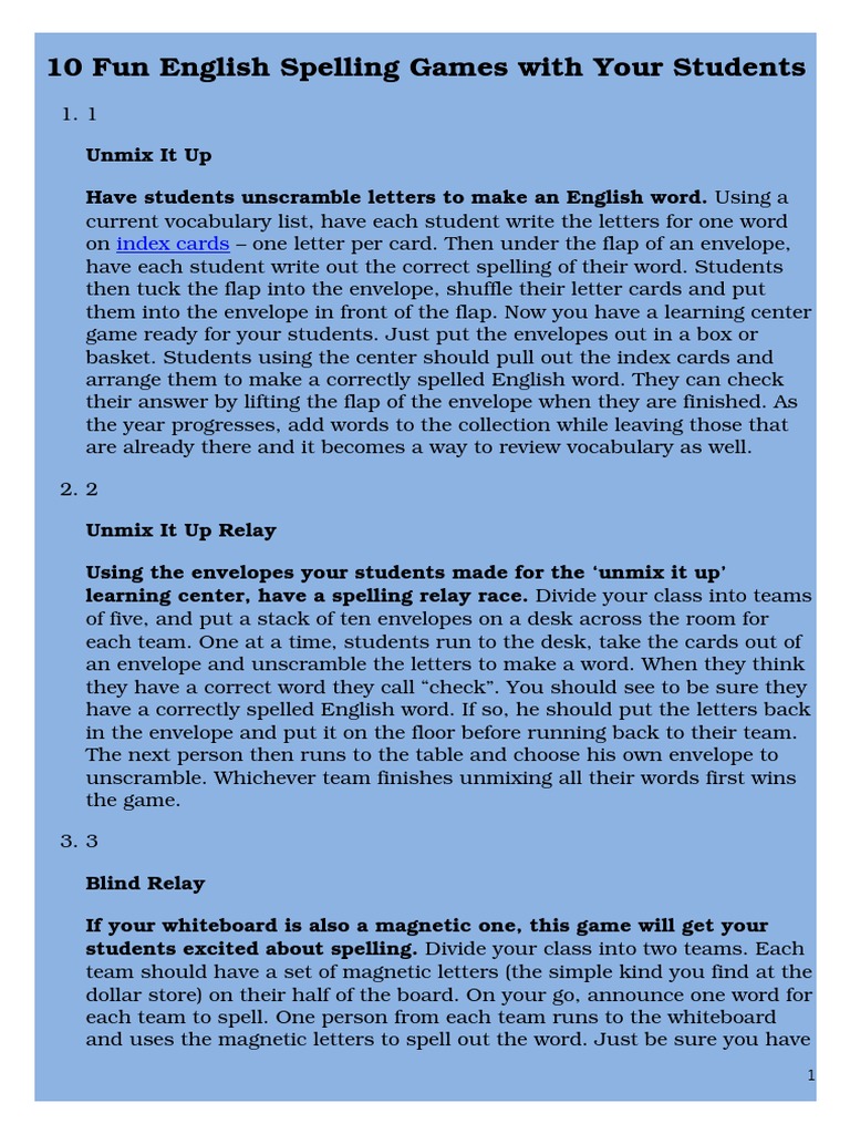 10 Engaging Spelling Games for Students | PDF | Leisure