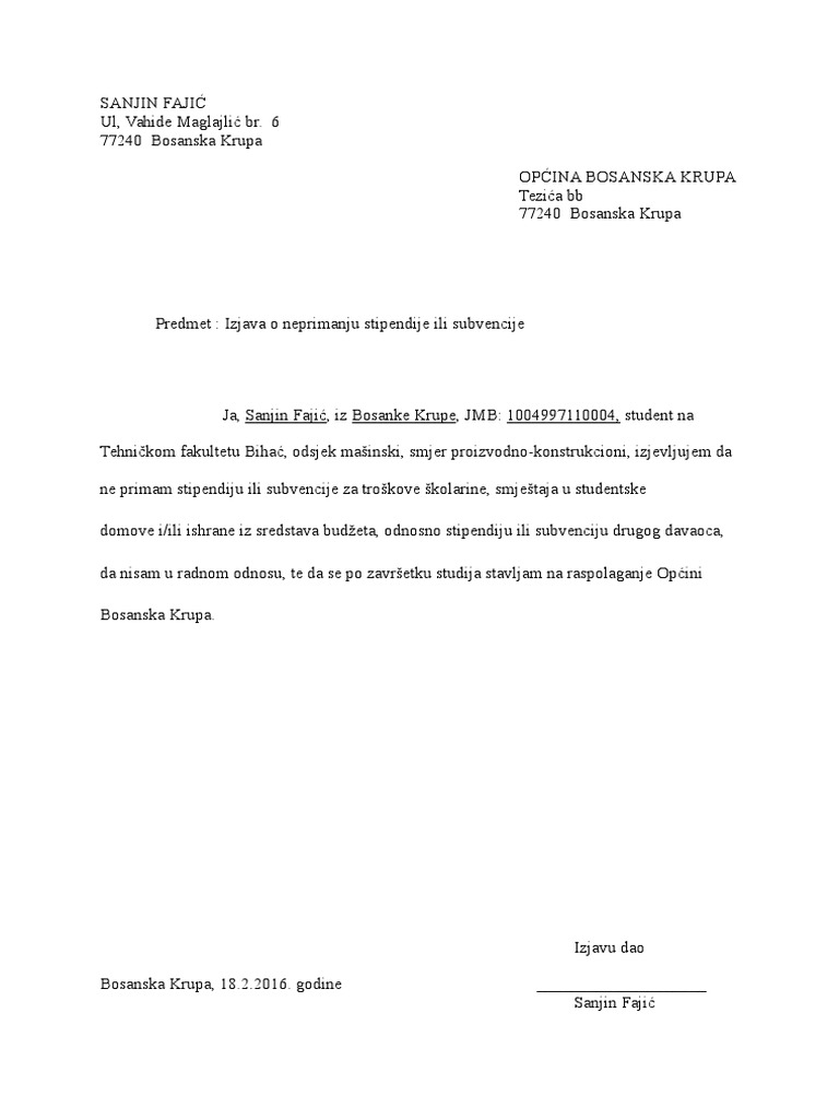 Izjava Primjer | PDF