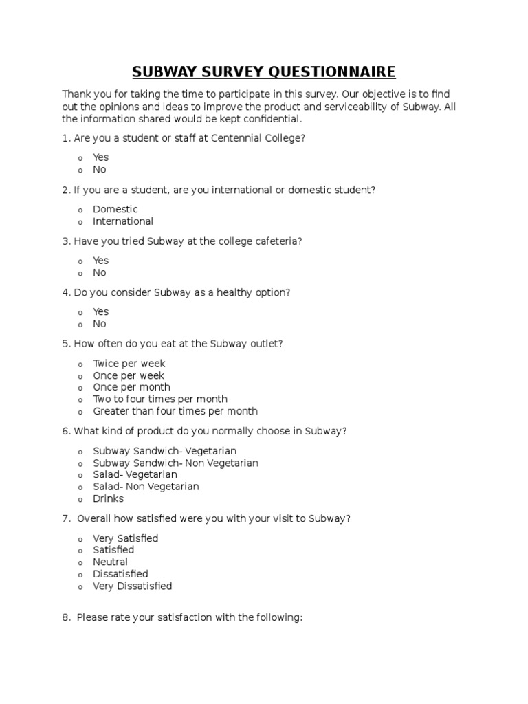 Subway Survey Questionnaire | PDF | Business | Foods