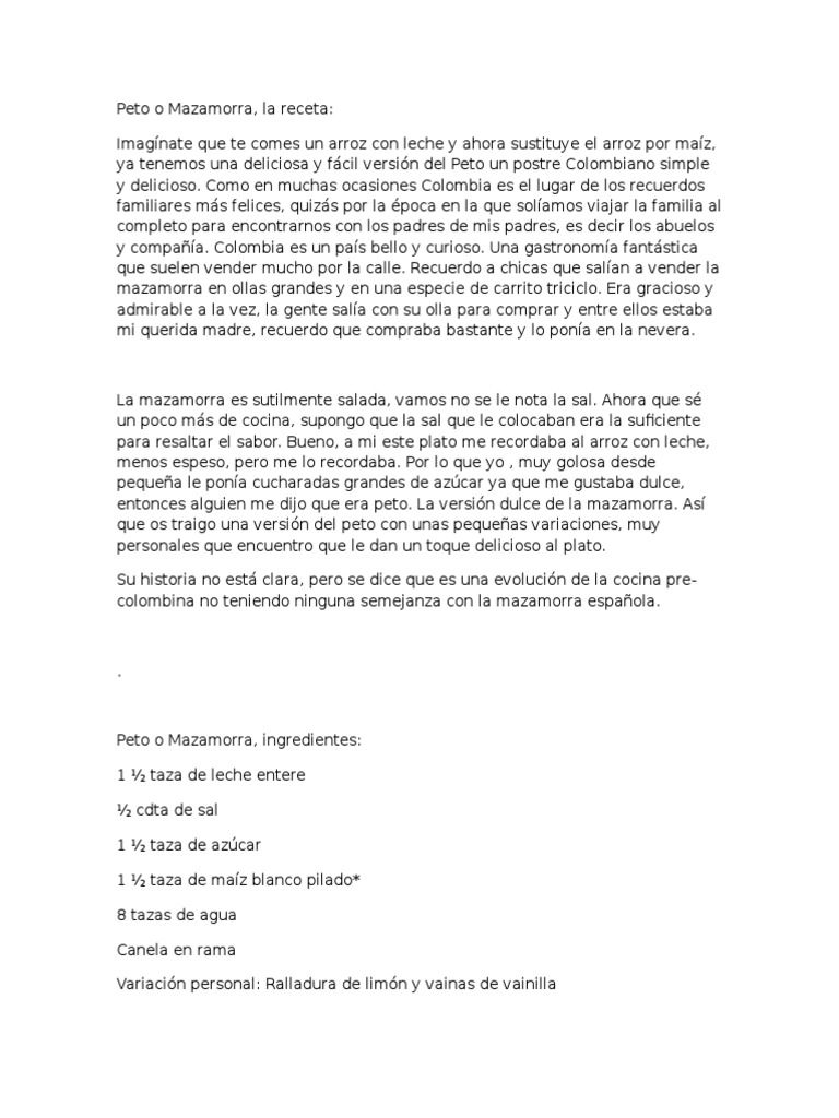 Receta Colombiana: Peto Dulce | PDF | Cocina, comidas y vino