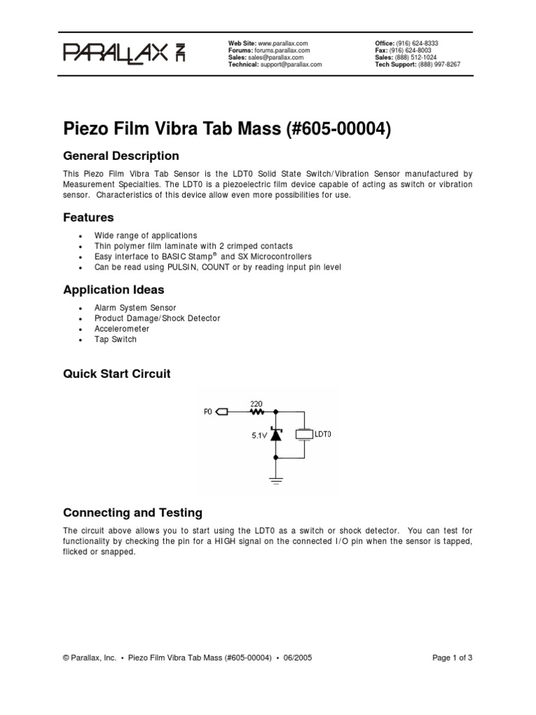 Piezo Film Vibra Tab Mass (#605-00004) : General Description | PDF ...