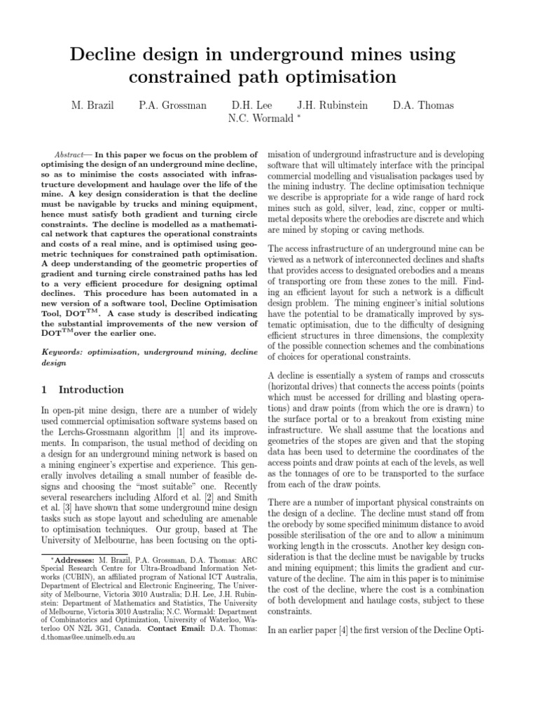 Decline Design in Underground Mines Using Constrained Path Optimisation ...