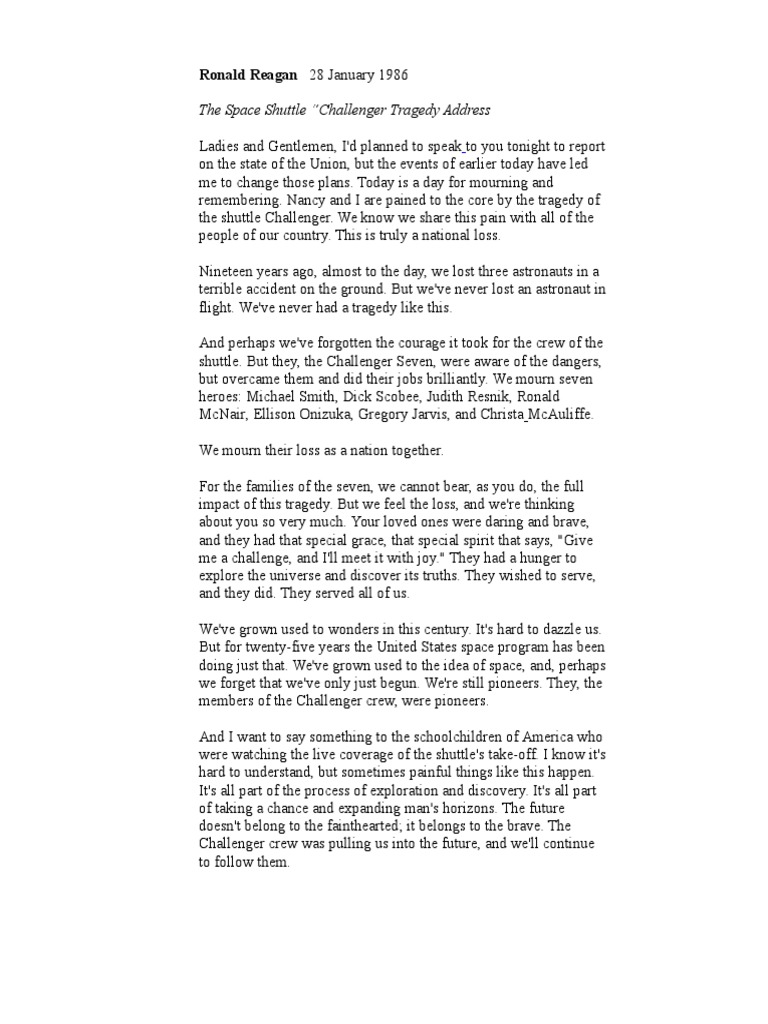 Reagan Challenger SPEECH | PDF | Spacecraft | Space Shuttle Program