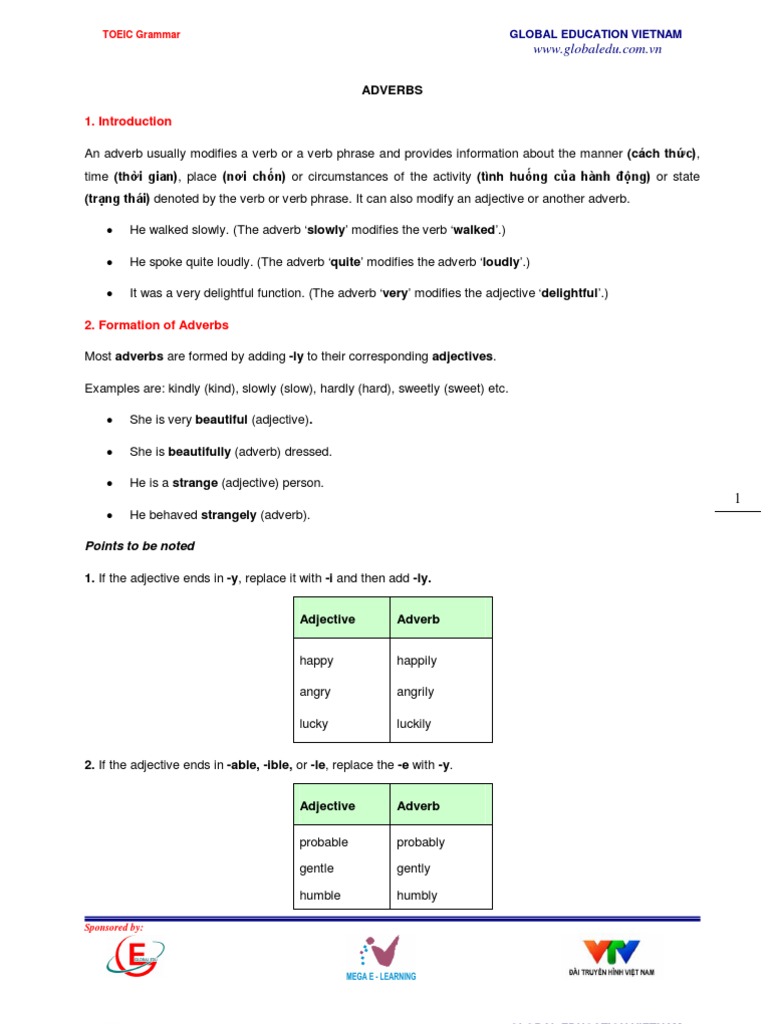 TOIEC Grammar - Adverbs | PDF | Adverb | Verb