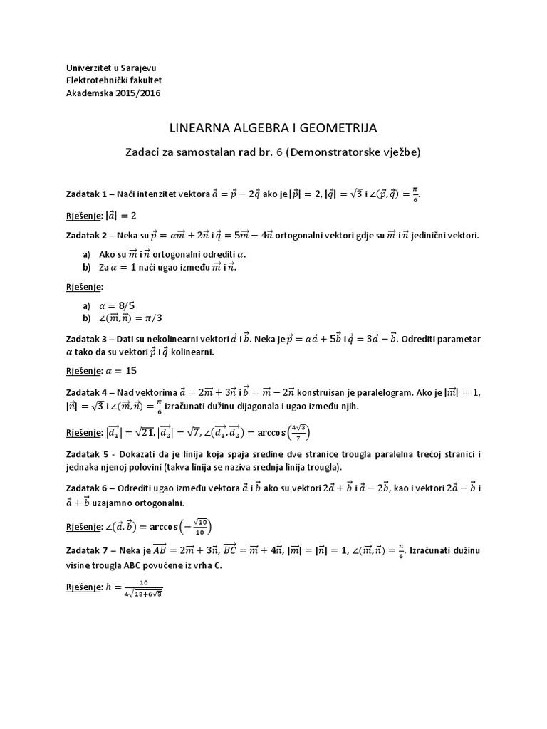 Zadaci Za Samostalni Rad 6 Linearna Algebra I Geometrija | PDF