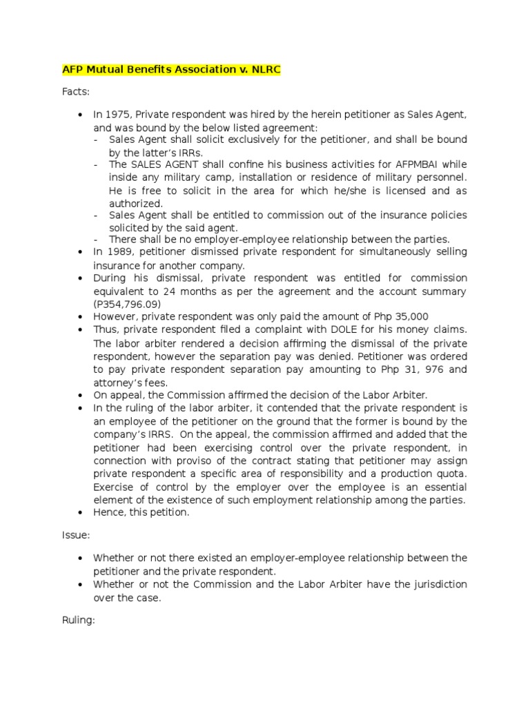 AFP Mutual Benefits Association v. NLRC | PDF | Law Of Agency | Employment