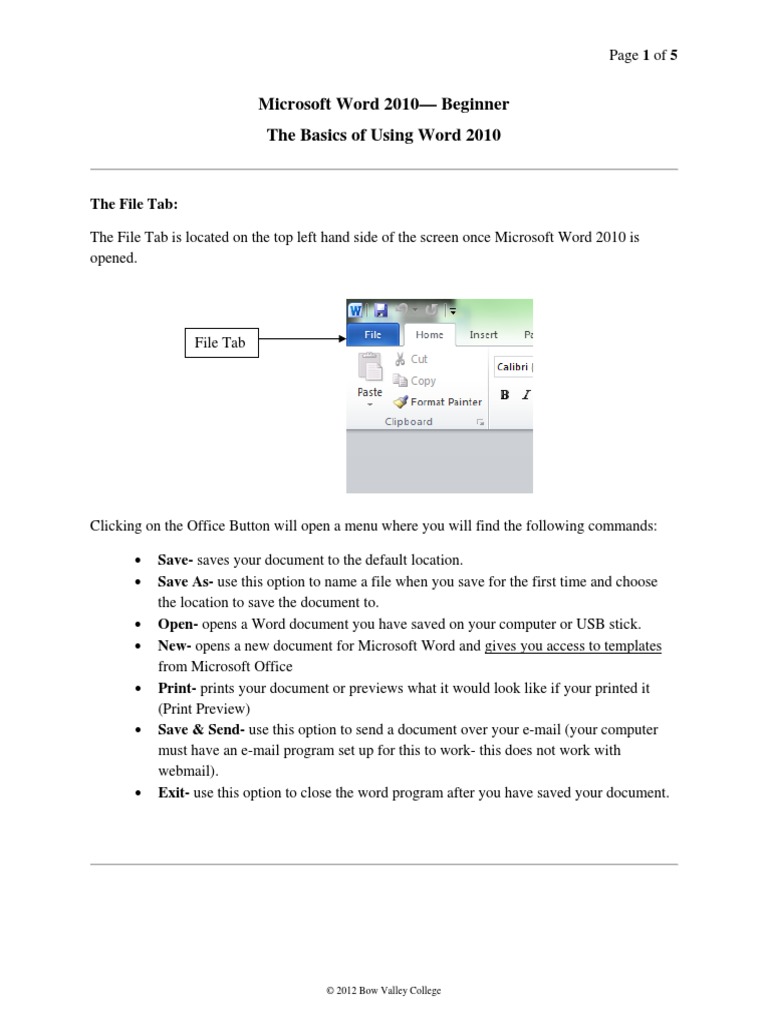 Basics of Microsoft Word 2010 Handout PDF | PDF | Microsoft Word | Tab ...