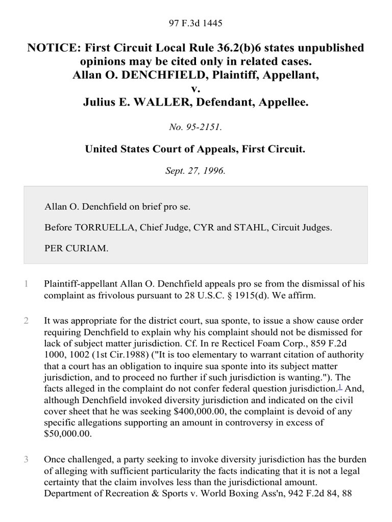 Denchfield v. Waller, 97 F.3d 1445, 1st Cir. (1996) | PDF