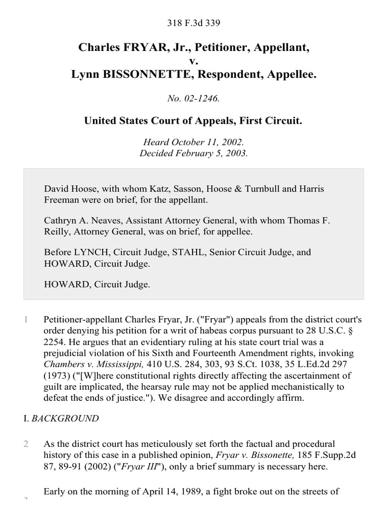 Fryar v. Bissonnette, 318 F.3d 339, 1st Cir. (2003) | PDF | Confession ...