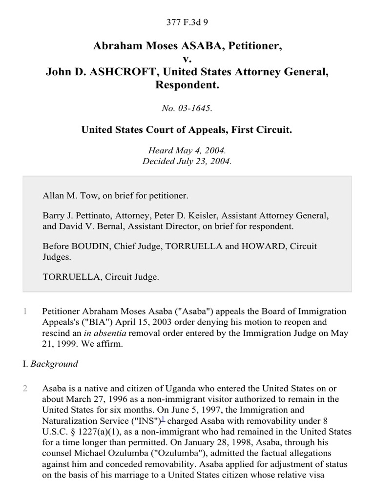 Asaba v. Ashcroft: Immigration Appeal Case | PDF | United States ...