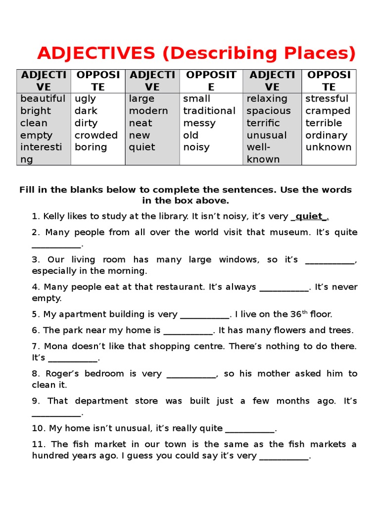 Adjectives for Describing Places Worksheet | PDF