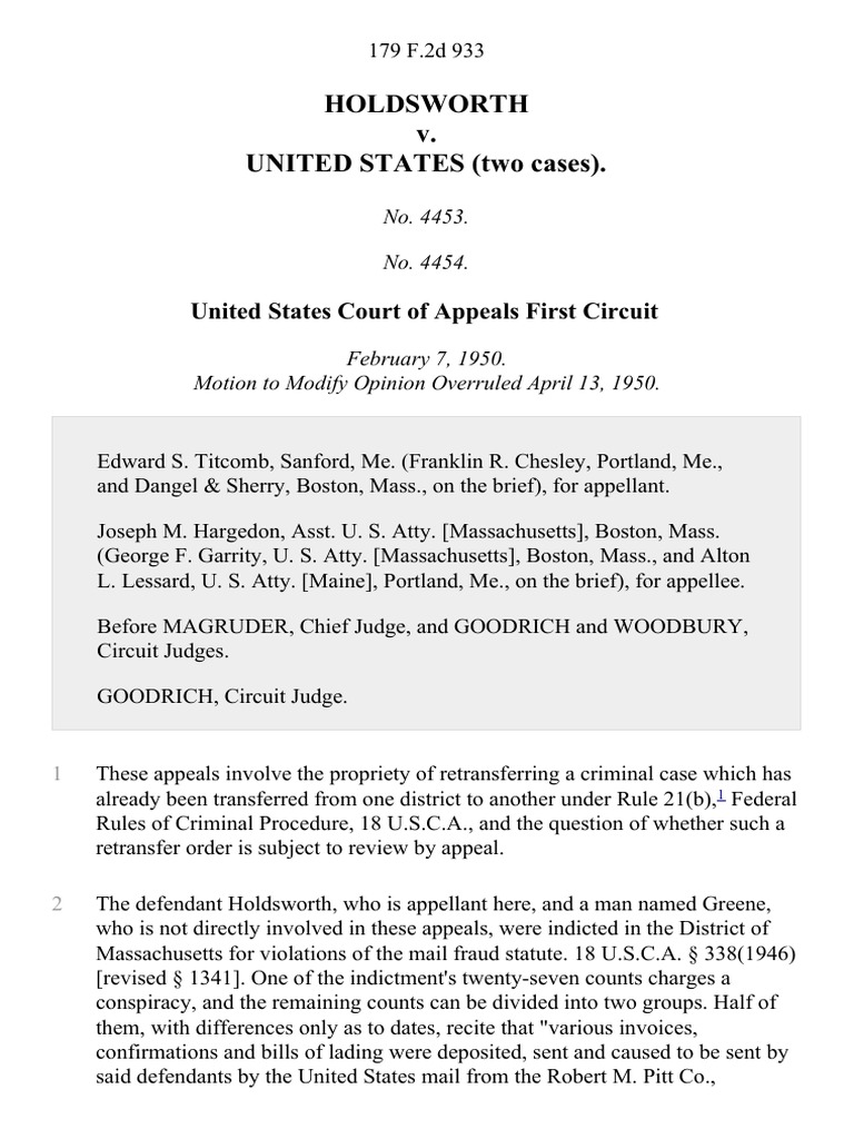 Holdsworth v. United States (Two Cases), 179 F.2d 933, 1st Cir. (1950 ...