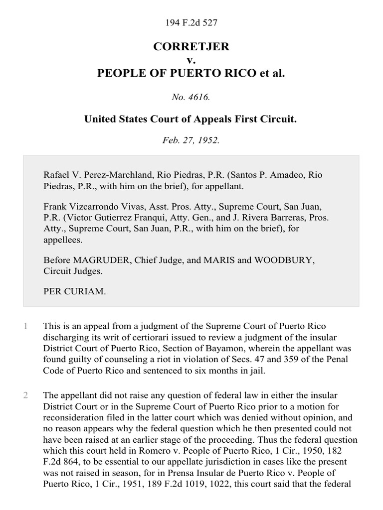 Appeal Dismissed: Corretjer v. Puerto Rico | PDF