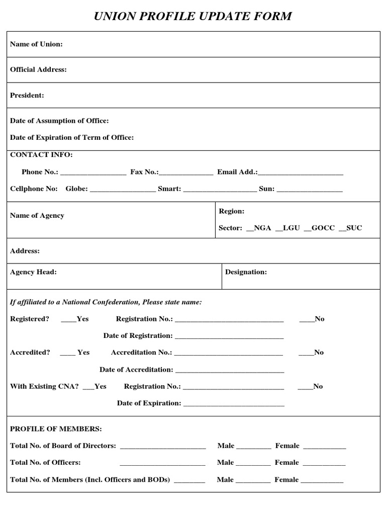 Union Profile Update Form | PDF