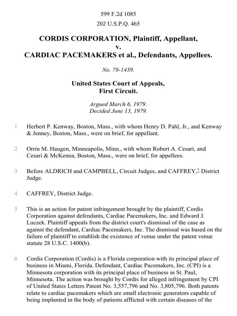 Cordis Corporation v. Cardiac Pacemakers, 599 F.2d 1085, 1st Cir. (1979 ...