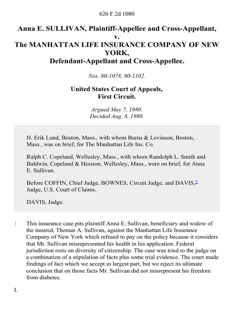Anna E. Sullivan, and Cross-Appellant v. The Manhattan Life Insurance ...