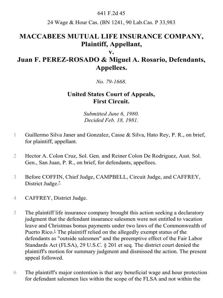 MacCabees Mutual Life Insurance Company v. Juan F. Perez-Rosado ...