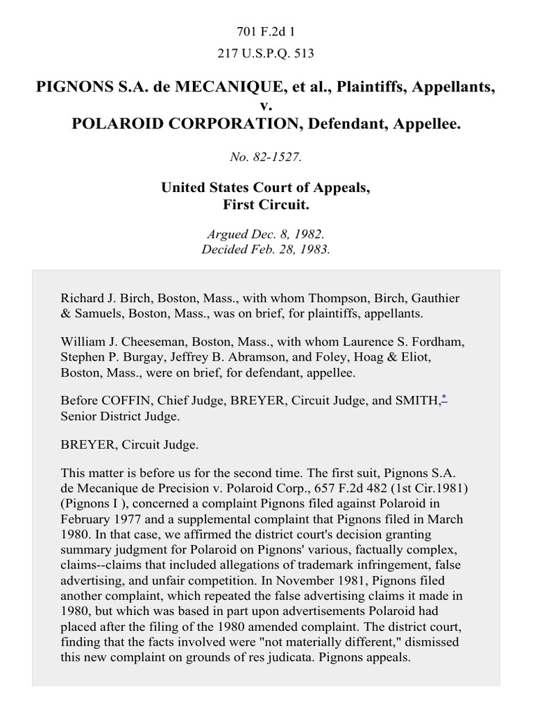 Pignons S.A. de Mecanique v. Polaroid Corporation, 701 F.2d 1, 1st Cir ...