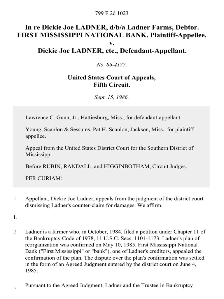 In Re Dickie Joe Ladner, D/B/A Ladner Farms, Debtor. First Mississippi National Bank v. Dickie ...