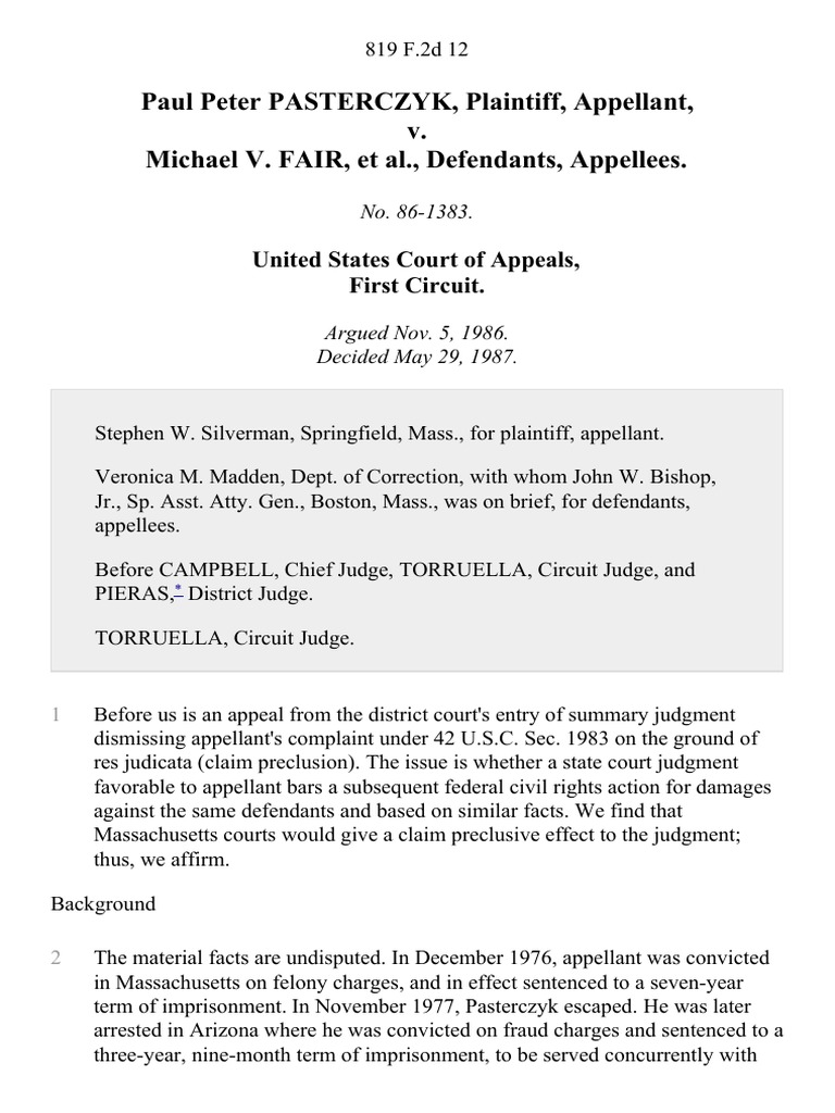 Paul Peter Pasterczyk v. Michael v. Fair, 819 F.2d 12, 1st Cir. (1987 ...