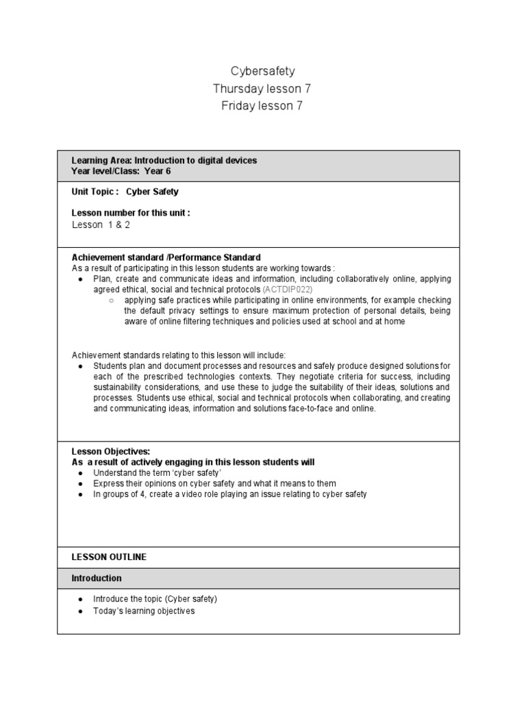 Year 6 Cyber Safety Lesson | PDF