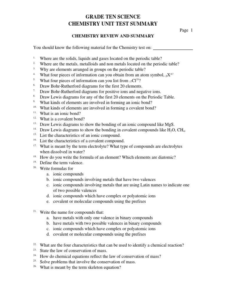 Grade Ten Science Chemistry Unit Test Summary | PDF | Chemical ...
