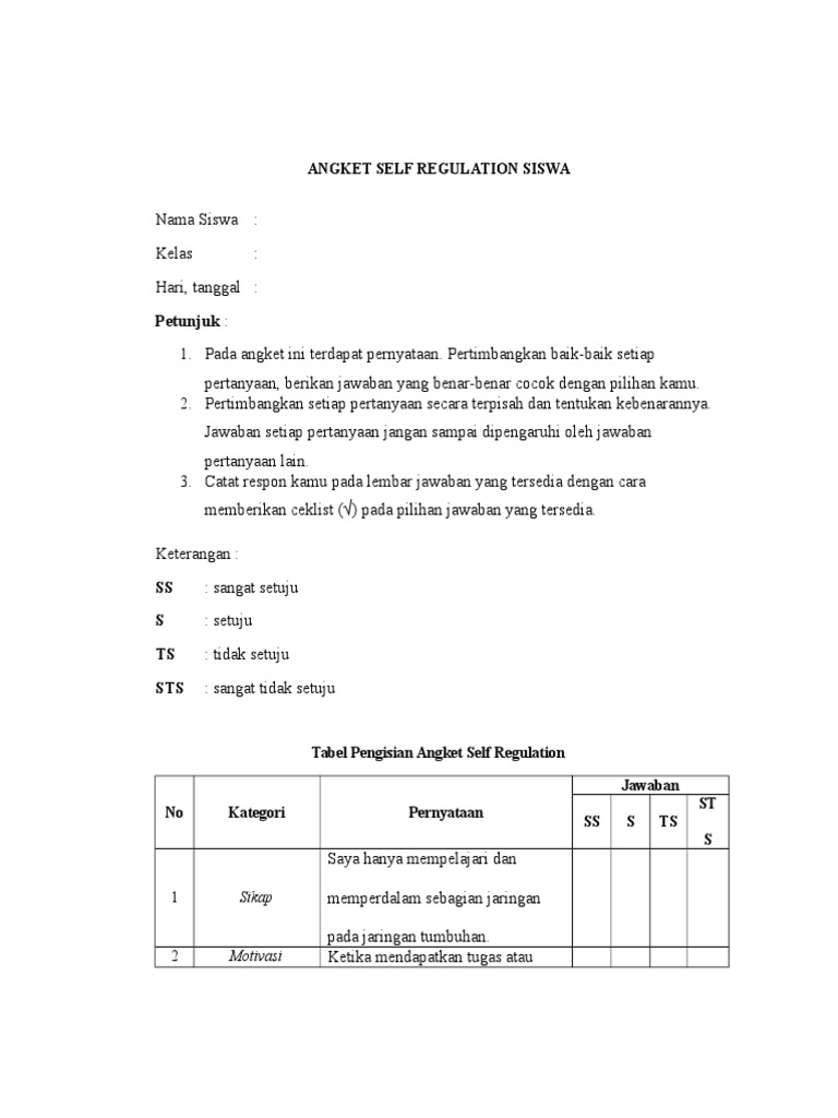 Angket Self Regulation Siswa | PDF