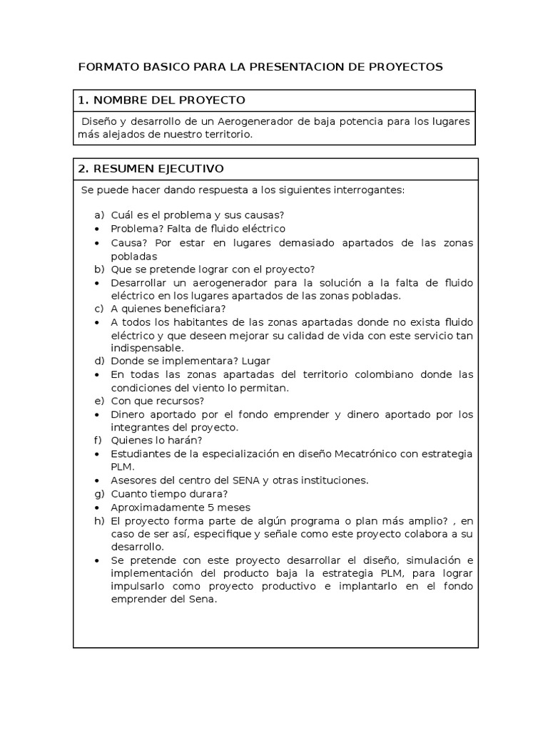 Formato Basico para La Presentacion de Proyectos | PDF | Turbina eólica | Beneficio (economía)