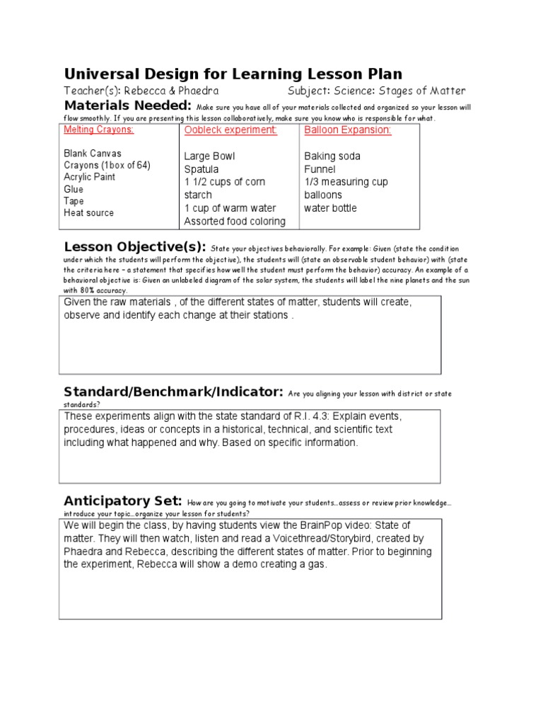 Universal Design For Learning Lesson Plan | PDF | Information | Test ...