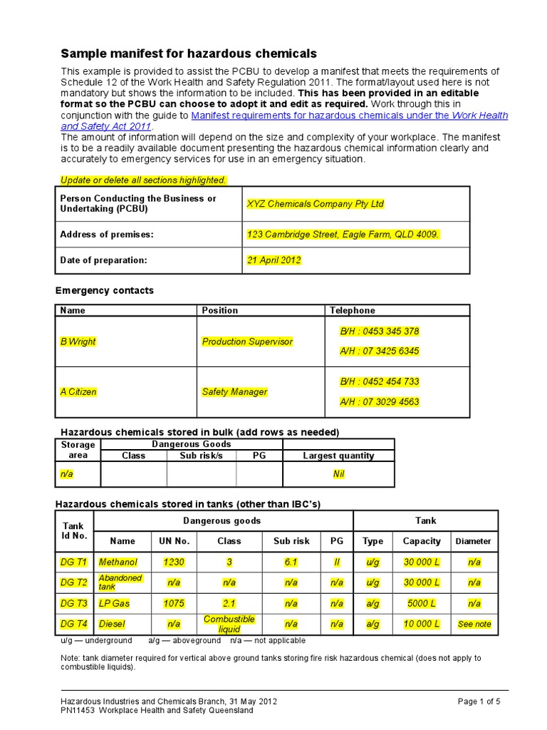 Hazardous Chemicals Manifest Example | PDF | Dangerous Goods ...