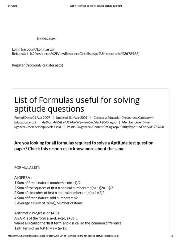List of Formulas Useful For Solving Aptitude Questions | PDF | Area ...