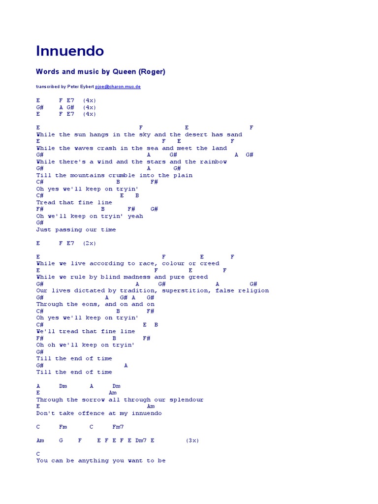 Innuendo: Words and Music by Queen (Roger) | PDF