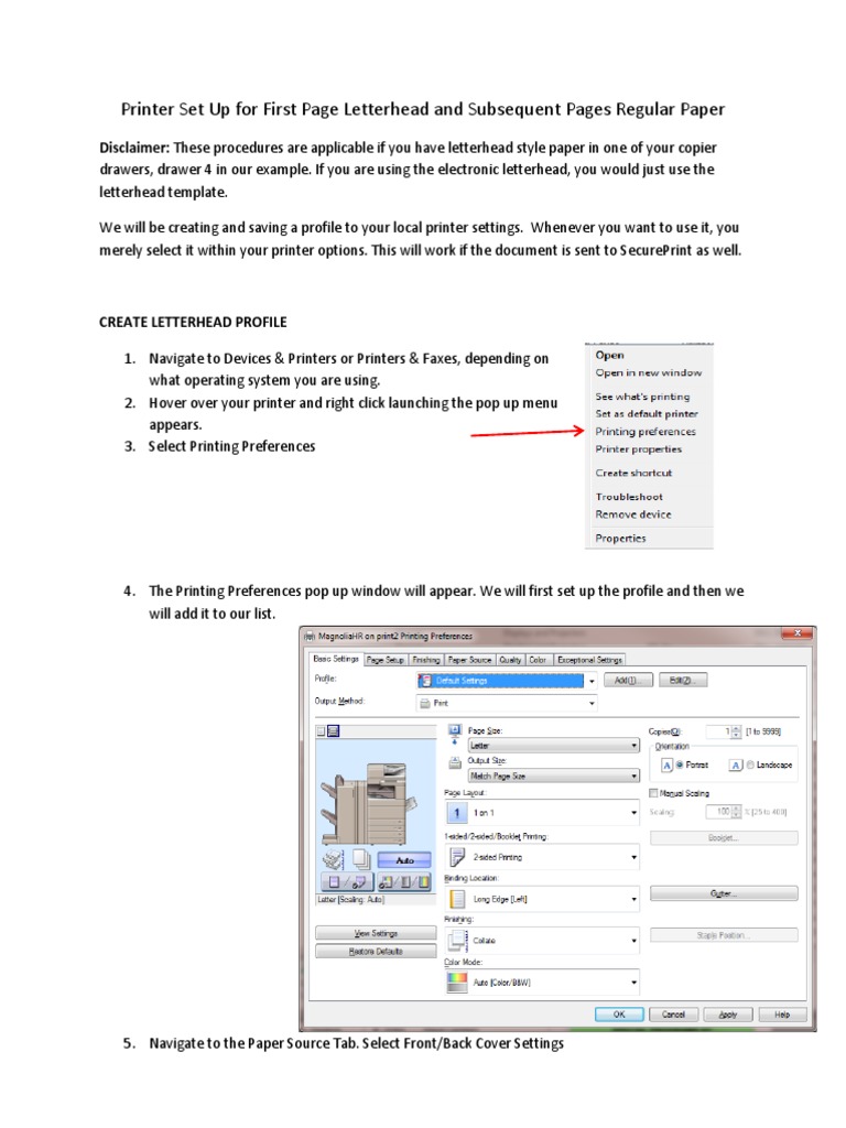 Printer Set Up For First Page Letterhead and Subsequent Pages Regular ...