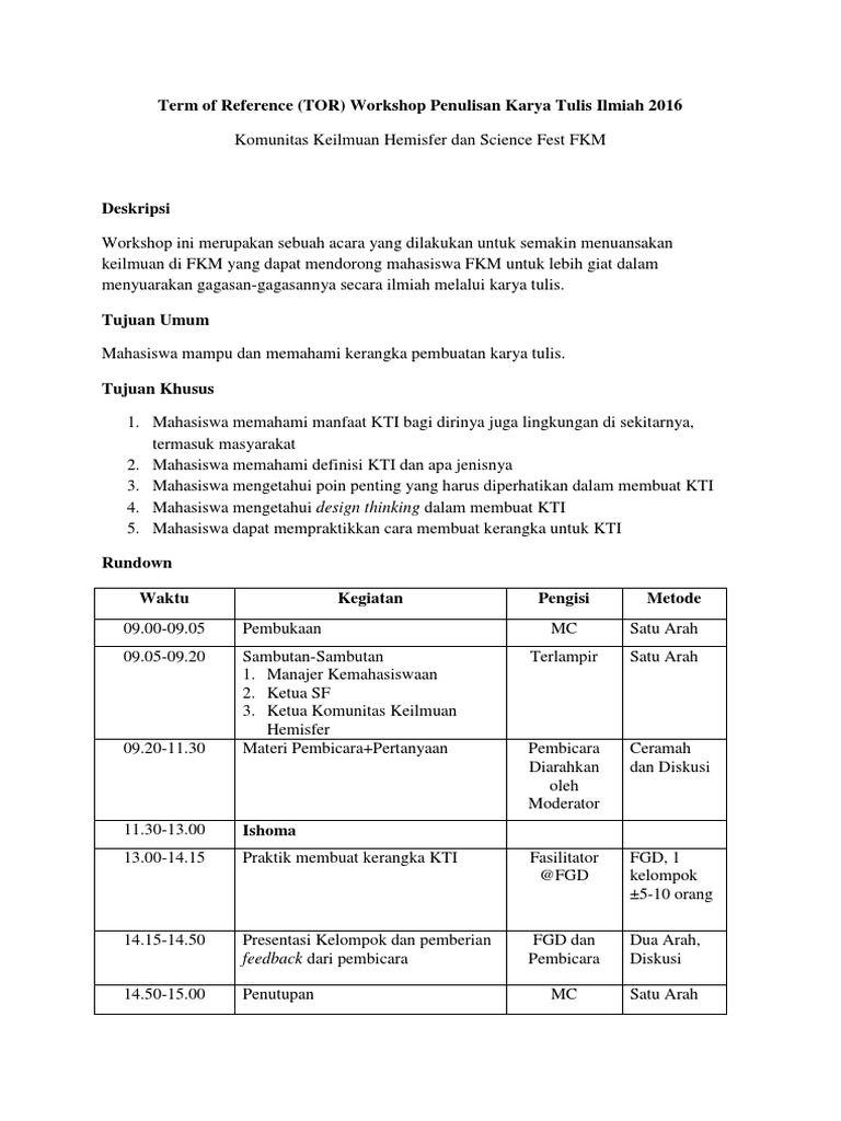 Term of Reference Workshop Penulisan Karya Tulis Ilmiah 2016 | PDF