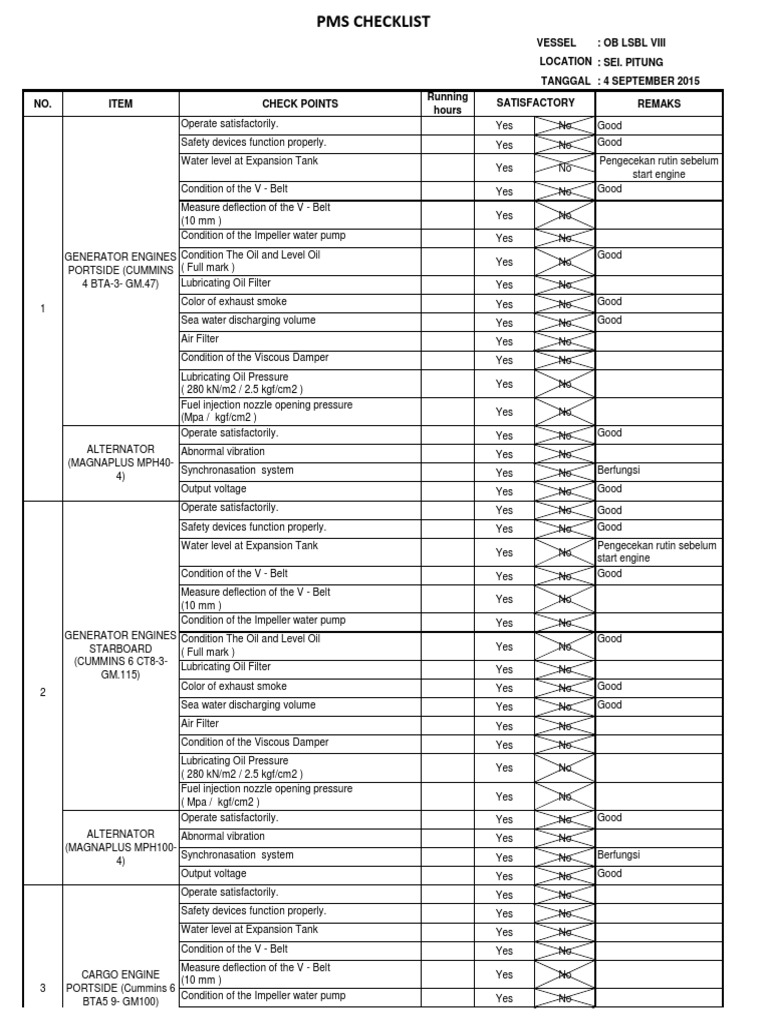 Checklist Pms Ob | PDF | Pump | Valve