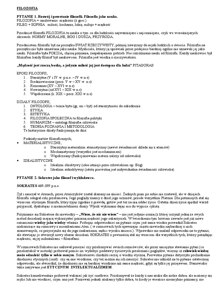 Filozofia - Opracowane Pytania Na Egzamin | PDF
