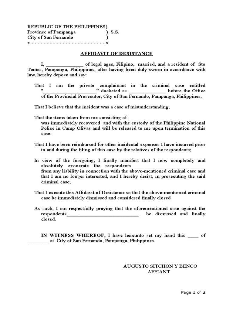 Affidavit of Desistance Sample Form | PDF